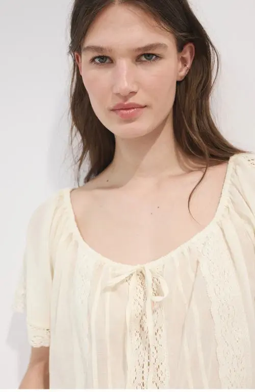 Mango Pintuck Lace Trim Cotton Shirt