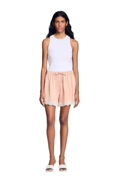 Sandro Rhinestone Shorts With Lace - Nude