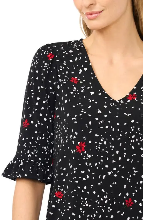 CECE DUPRAZ Mixed Print Ruffle Sleeve Top