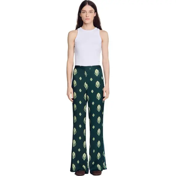 Sandro Paisley Print Flowy Trousers With Contrast Piping - Green
