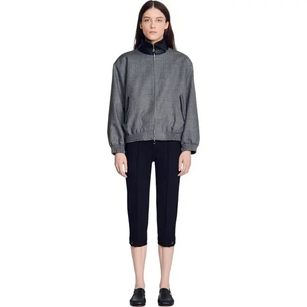 Sandro Oversized Jacket With Leather Stand Collar - Grey