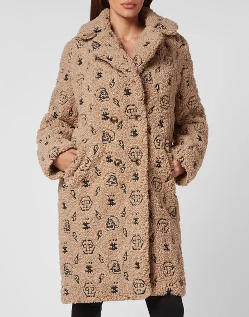 Philipp Plein Eco Fur Coat Embroidery Monogram