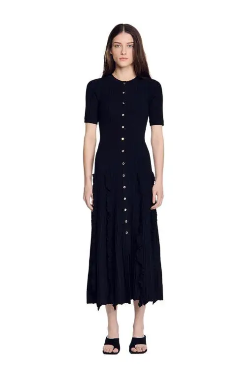 Sandro Knit Maxi Dress With Ruffles - Black