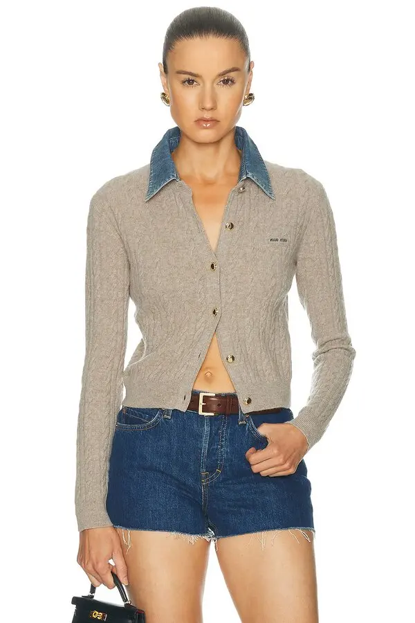 Miu Miu Wool Cashmere Cardigan With Detachable Denim Collar - Sabbia