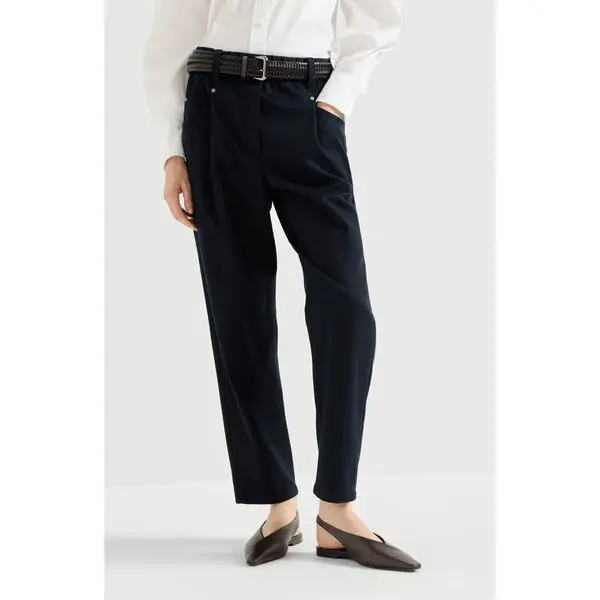 Brunello Cucinelli Stretch Cotton Cover Baggy Pull-on Trousers With Shiny Bartack - Cobalt