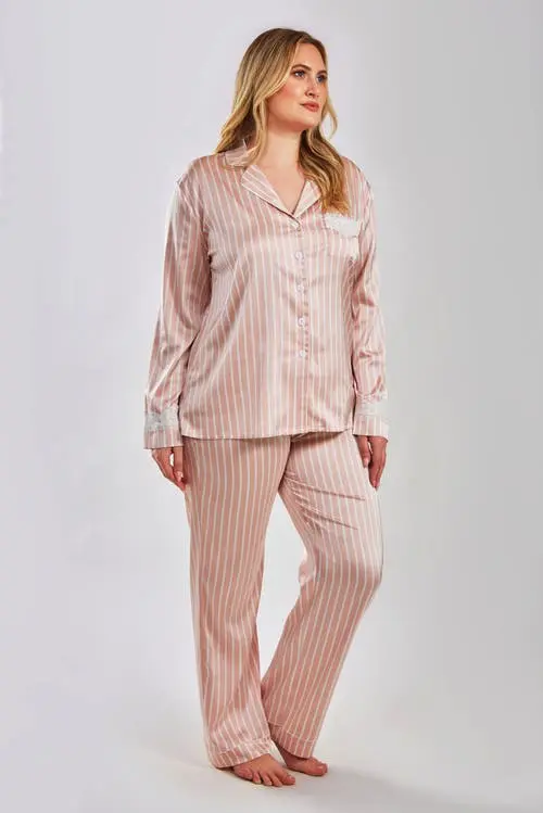 ICOLLECTION Stretch Satin Button-down Pant Set With Lace Trim - Pink
