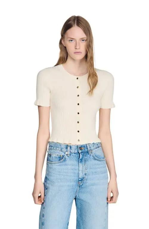 Sandro Ruffled Rib Knit Cardigan