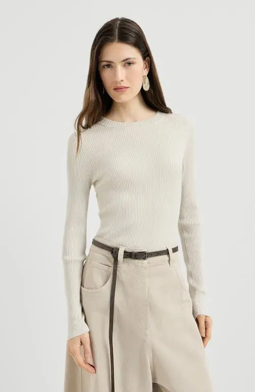 Brunello Cucinelli Sparkling Cashmere And Silk Rib Knit Lightweight Sweater - Milk