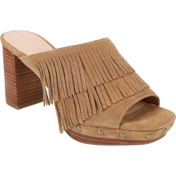 Pelle Moda Fringe Studded Block Heel Sandal - Caramel