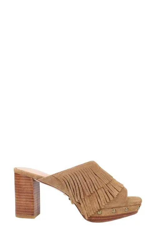 Pelle Moda Fringe Studded Block Heel Sandal - Caramel