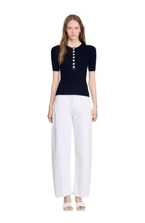 Sandro Sweater With Ribbed Button Placket - Black