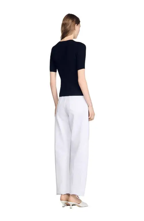 Sandro Ribbed Knit Sweater With Button Placket - Black