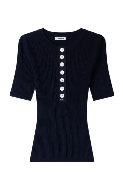 Sandro Ribbed Knit Sweater With Button Placket - Black