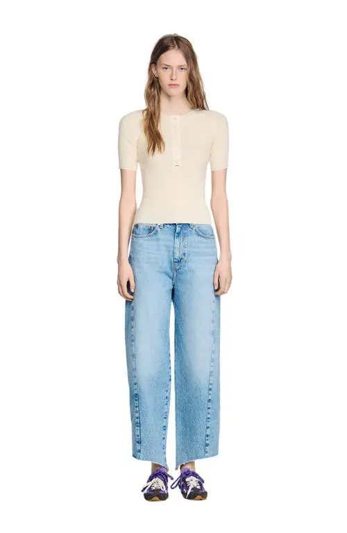 Sandro Sweater With Ribbed Button Placket - Ecru