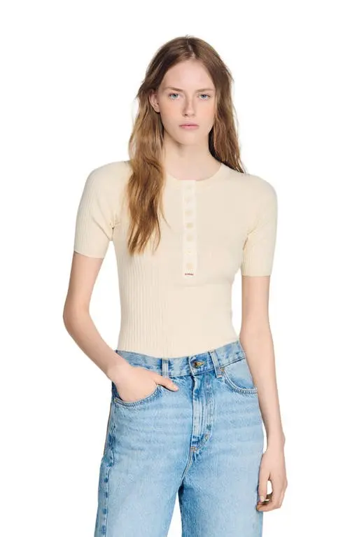 Sandro Sweater With Ribbed Button Placket - Ecru