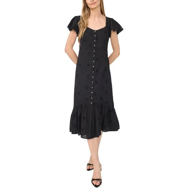 CECE DUPRAZ Eyelet Flutter Sleeve Button Down Midi Dress - Rich Black