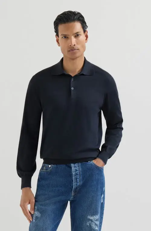 Brunello Cucinelli Cotton Lightweight Knit Polo Shirt - Navy Blue