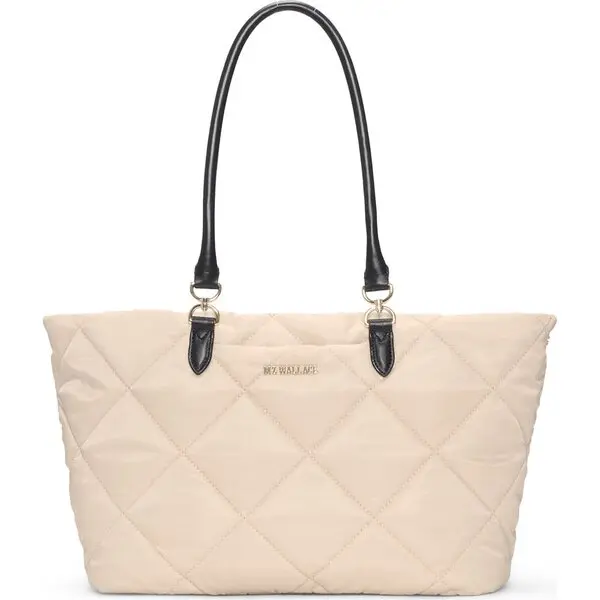 Mz Wallace Medium Madison East/west Quilted Nylon Tote - Buff/black