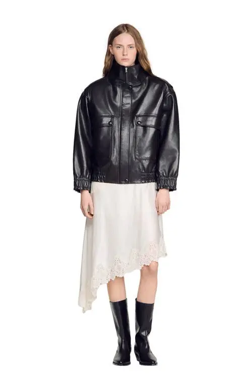 Sandro Standing Collar Leather Jacket