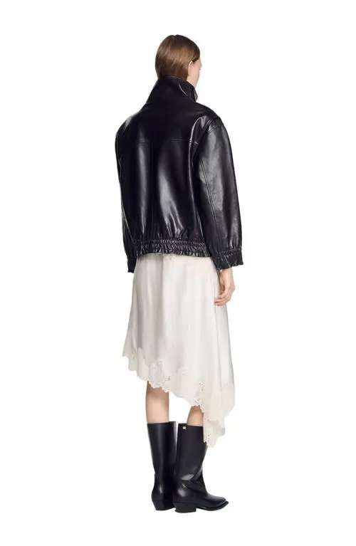 Sandro Standing Collar Leather Jacket