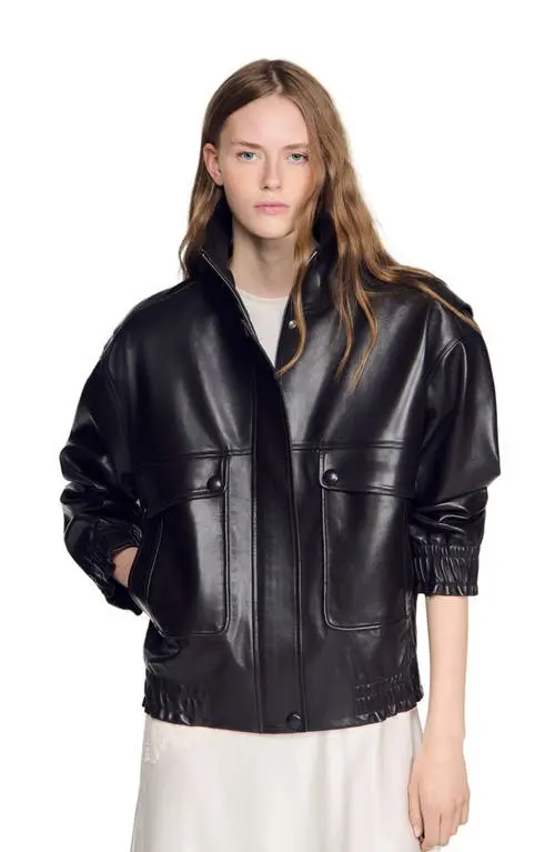 Sandro Standing Collar Leather Jacket