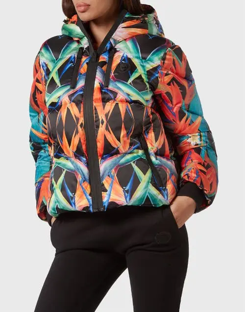 PLEIN SPORT Padded Floral Print Hooded Jacket - Black/multicolored