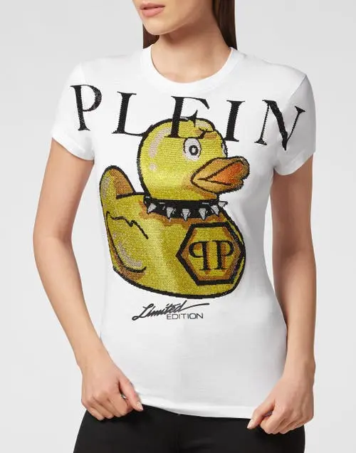 Philipp Plein T-shirt Round Neck Ss Pp Duck With Crystals - White