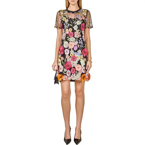 Endless Rose Floral Appliqué Shift Dress - Black