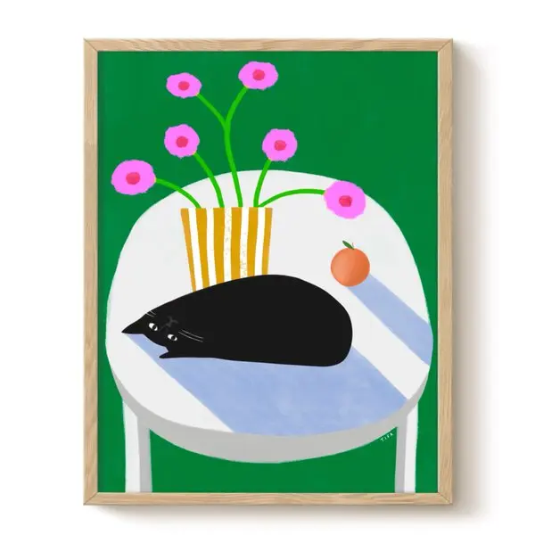 THE PAPER TAIL Green / Pink Table Cat Art Print A4