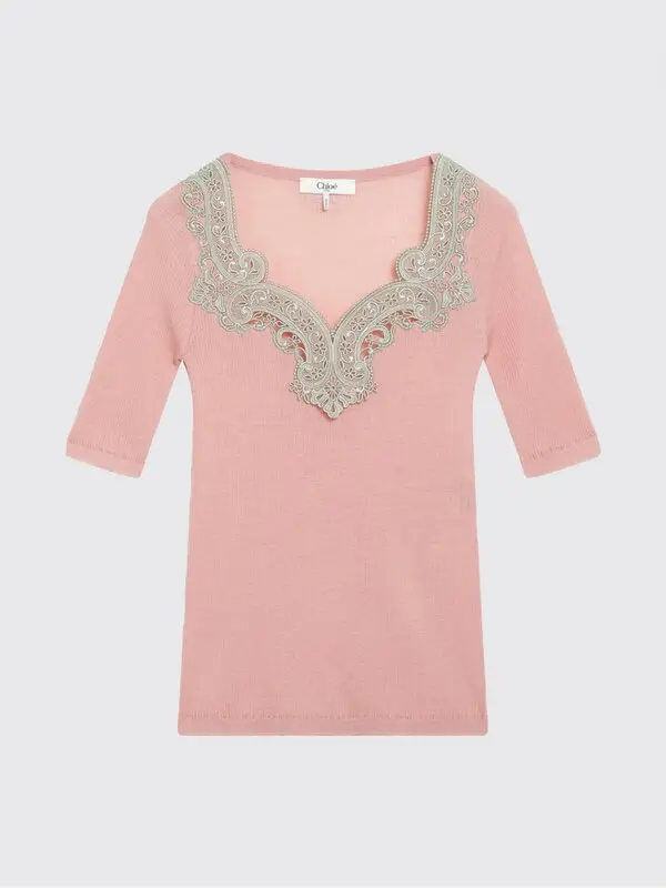 Chloé Slim Fit Ribbed Wool V-neck Top With Embroidery