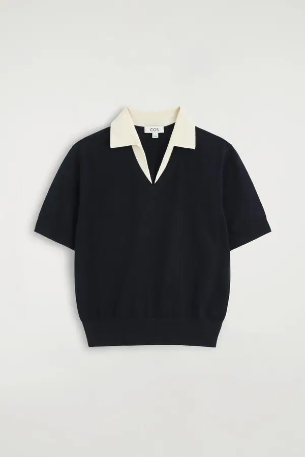 Cos Merino Wool Layered Polo Shirt - Navy/white