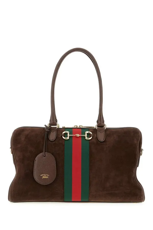 Gucci Suede Shopper Bag With Green And Red Stripes - Multicolor