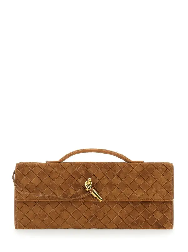 Bottega Veneta Clutch 'andiamo' With Handle And Intreccio Motif In Suede Beige - Brown