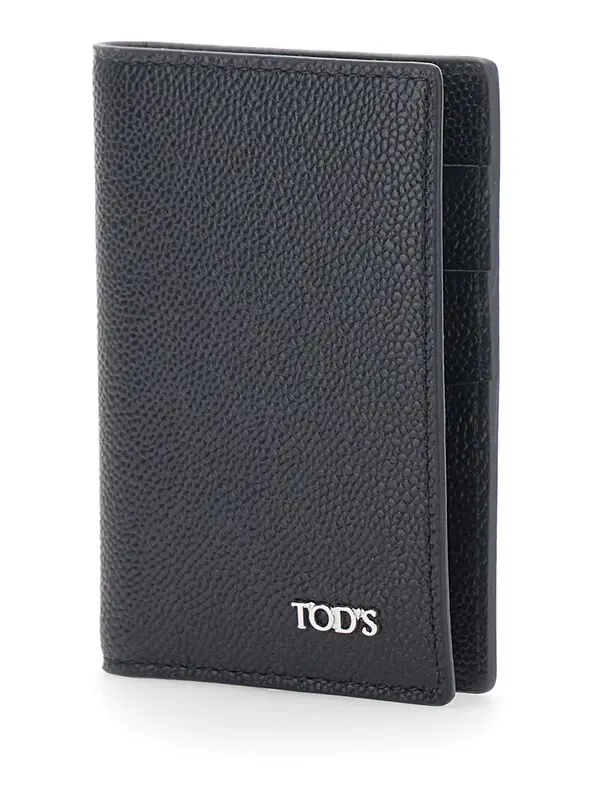 TOD'S Black Cardholder With Metallic Logo Lettering In Grained Leather