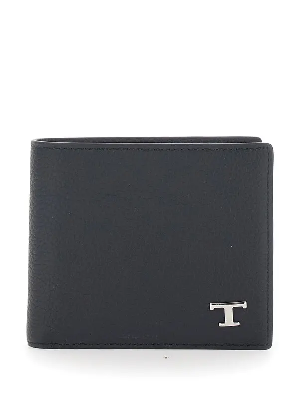TOD'S Black Bifold Wallet With Metal T Logo Plate On The Front In Leather For - Multicolor