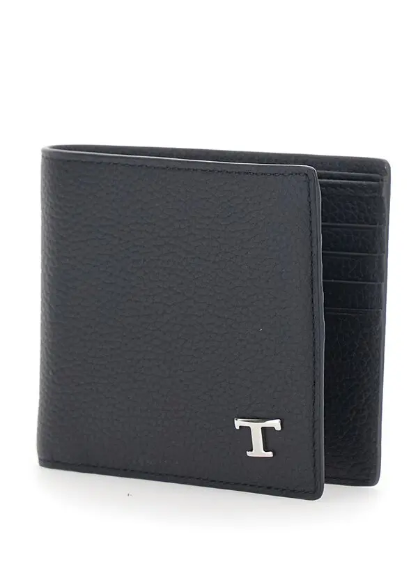 TOD'S Black Bifold Wallet With Metal T Logo Plate On The Front In Leather For - Multicolor