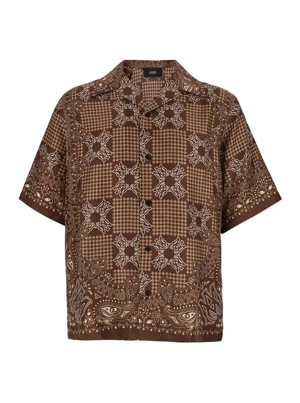 Amiri Bowling Shirt With Cuban Collar And All-over Geometric Print In Silk For - Brown