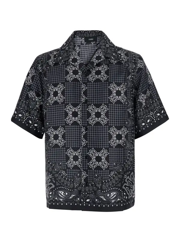 Amiri Bowling Shirt With Cuban Collar And All-over Geometric Print In Silk For - Black