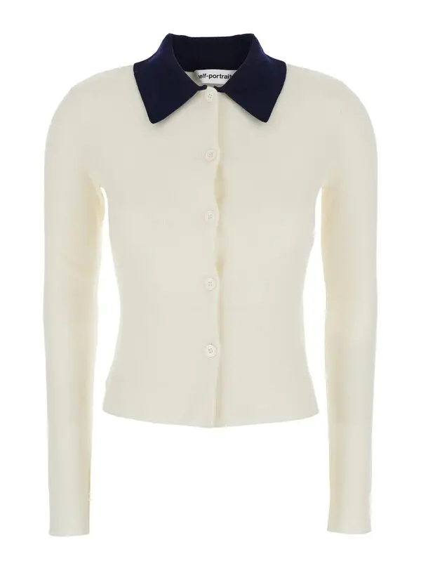 SELF-PORTRAIT Cropped Wool Cardigan With Contrasting Collar - Multicolor