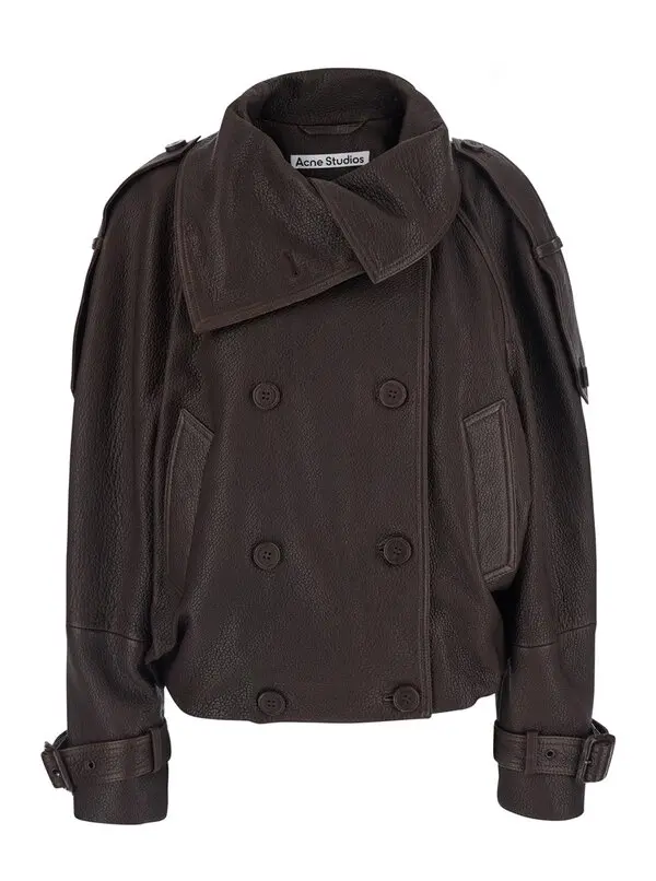 Acne Studios Brown Leather Jacket With Front Zip And Side Pockets