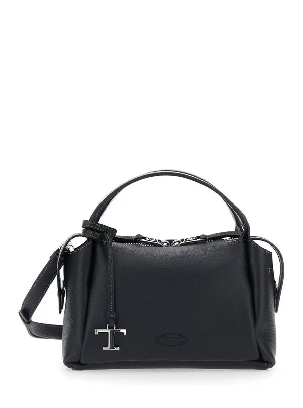 TOD'S Leather Shoulder Bag With T Plaque - Black