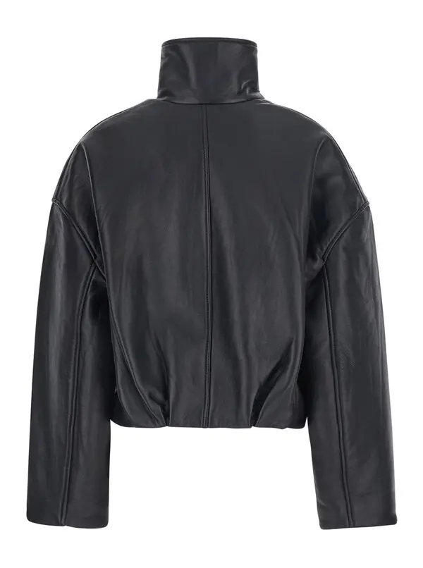 ROTATE BY BIRGER CHRISTENSEN Black Leather Oversized Jacket With High Collar And Zip Closure