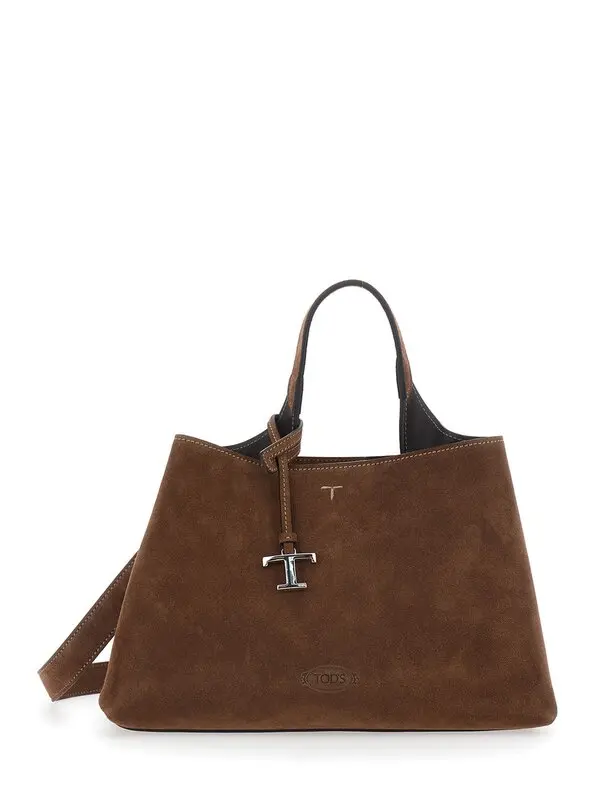 TOD'S Brown Handbag With Adjustable And Removable Shoulder Strap And T Plate On The Front In Suede For - Multicolor