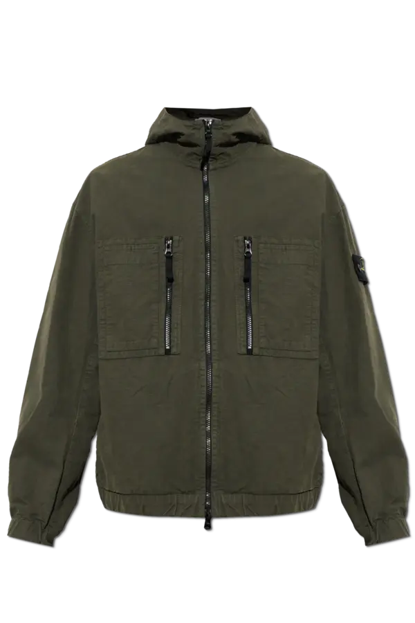 Stone Island Zip-up Hooded Jacket With Logo Patch - Green