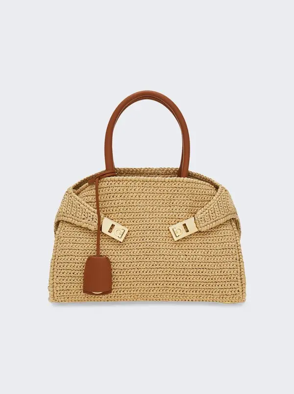 FERRAGAMO Raffia Hug Handbag - Natural