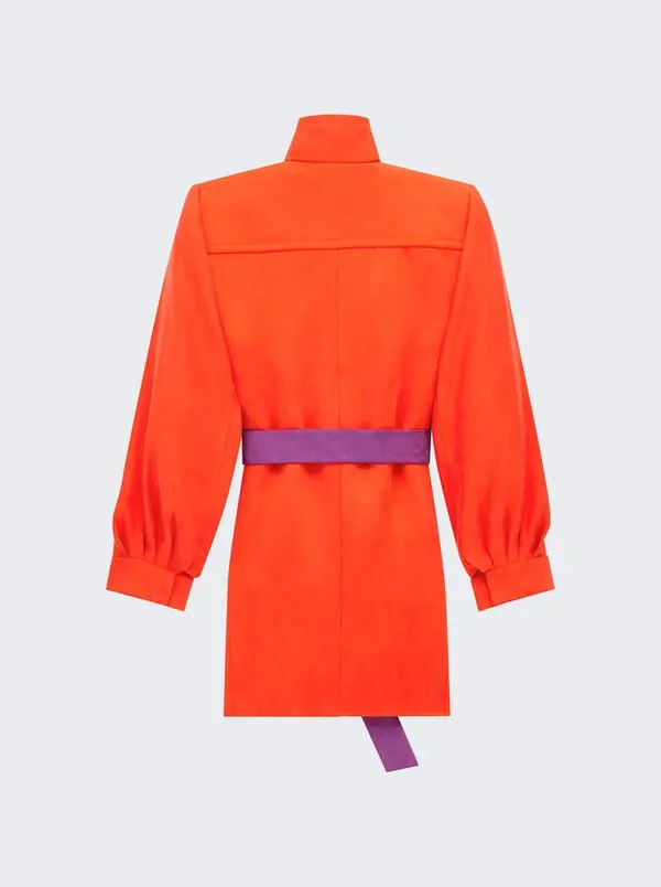 Saint Laurent Belted Coat In Stonewash Silk Satin Coral