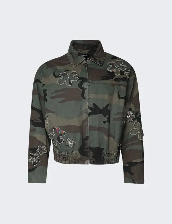 NAHMIAS Camouflage Floral Patch Crystal Bomber Jacket
