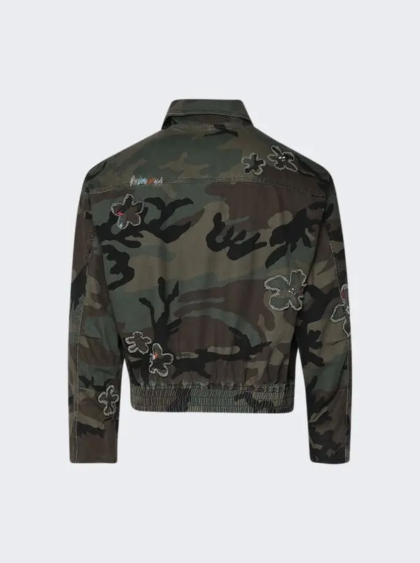 NAHMIAS Camouflage Floral Patch Crystal Bomber Jacket