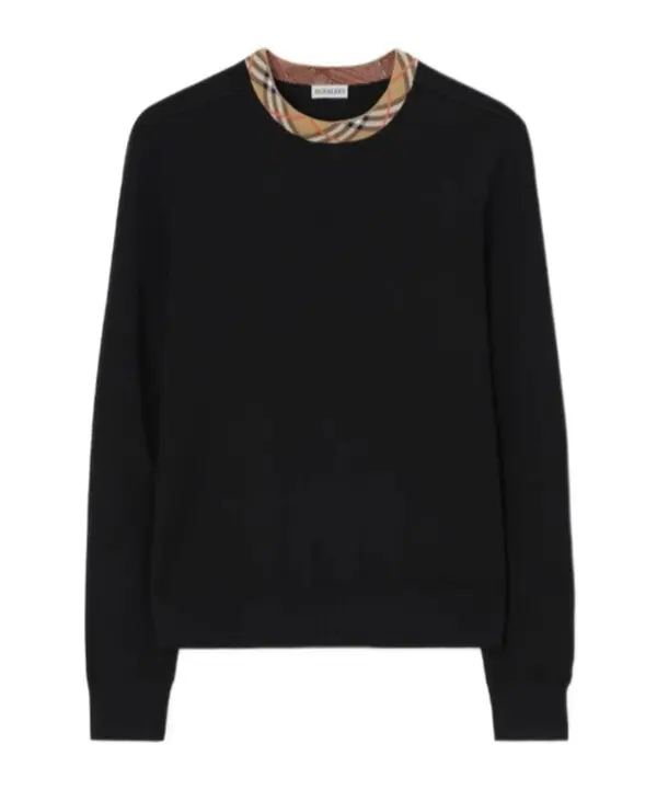 Burberry Crew Neck Wool Sweater With House Check Trim - Black