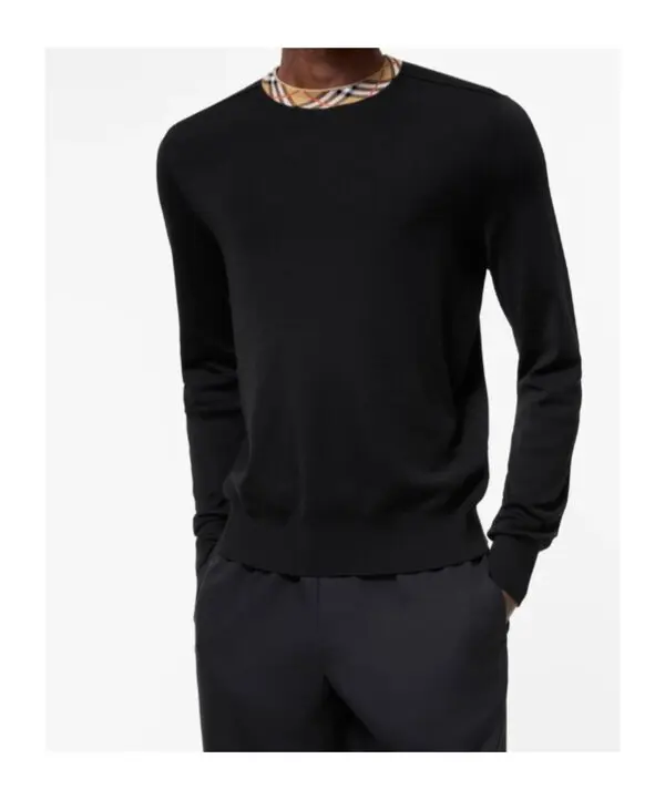 Burberry Crew Neck Wool Sweater With House Check Trim - Black